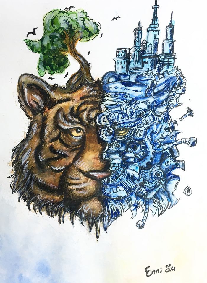 Иллюстрация Nature VS Civilization в стиле авангард,